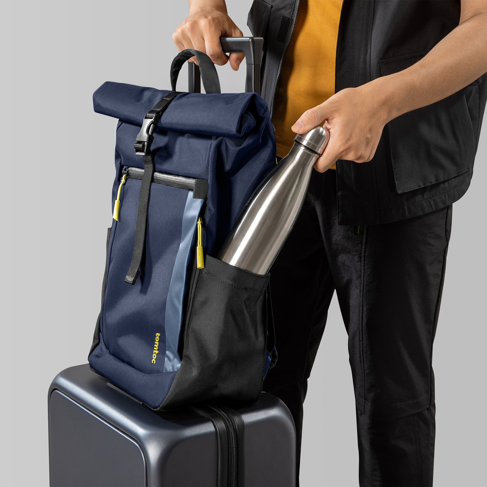 tomtoc 15.6 Inch Rolltop Adjustable Capacity Laptop Backpack - Blue